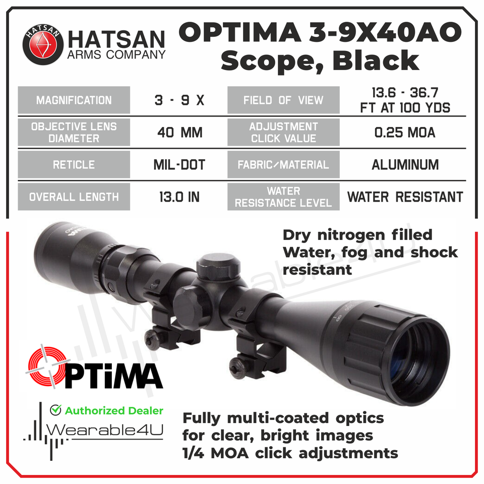 Hatsan Optima 3-9X40AO Mil-Dot Reticle Air Rifle Scope w/ CD Hat and ...