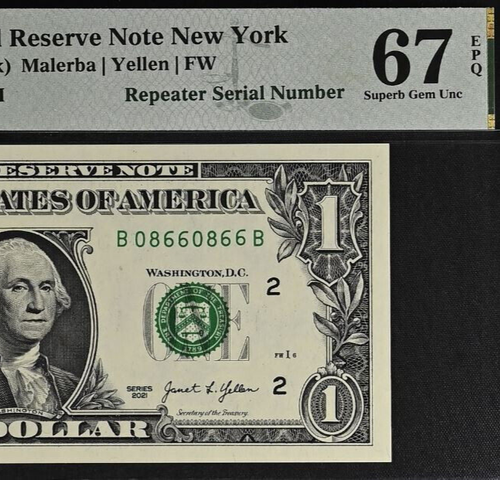 2021 $1 Federal Reserve Note PMG 67EPQ - Fancy Repeater Serial Number ...