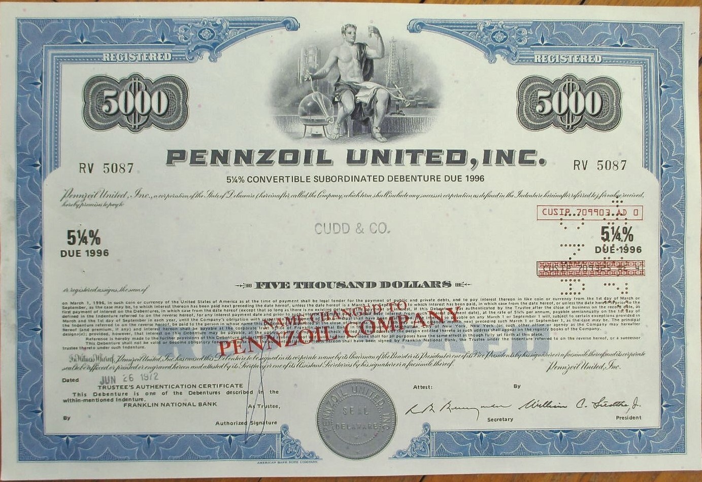 Pennzoil United, Inc. $5000 Oil Bond Stock Certificate, Chemist and Oil ...