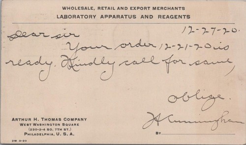 Postcard Arthur H Thomas Co Laboraty Apparatus + Reagents Philadelphia ...