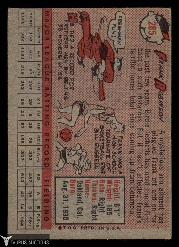 1958 Topps #285 Cincinnati Reds HOF Frank Robinson Baseball Card | eBay