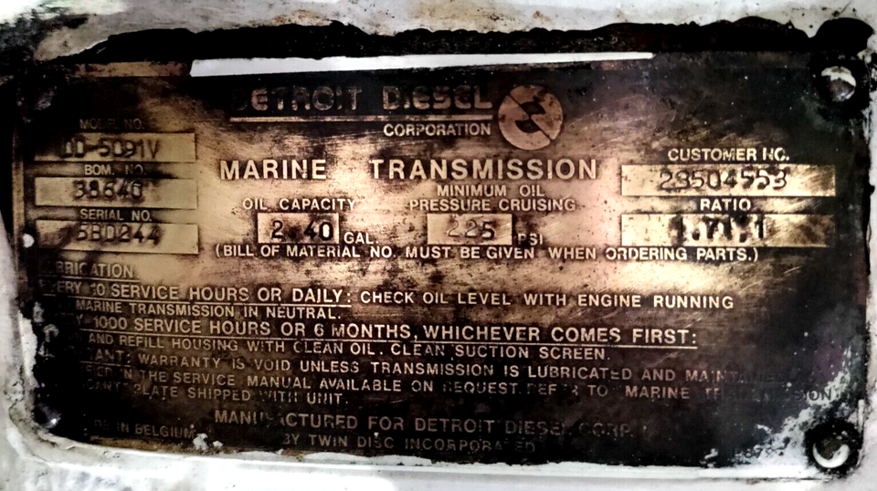 DETROIT DIESEL 6V92 TAB 565 HP. DIESEL MARINE ENGINE w/ TWIN DISC GEAR ...