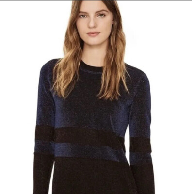 TORY BURCH Women's Lurex Block Metallic Crewneck Sweater Navy/Black ...