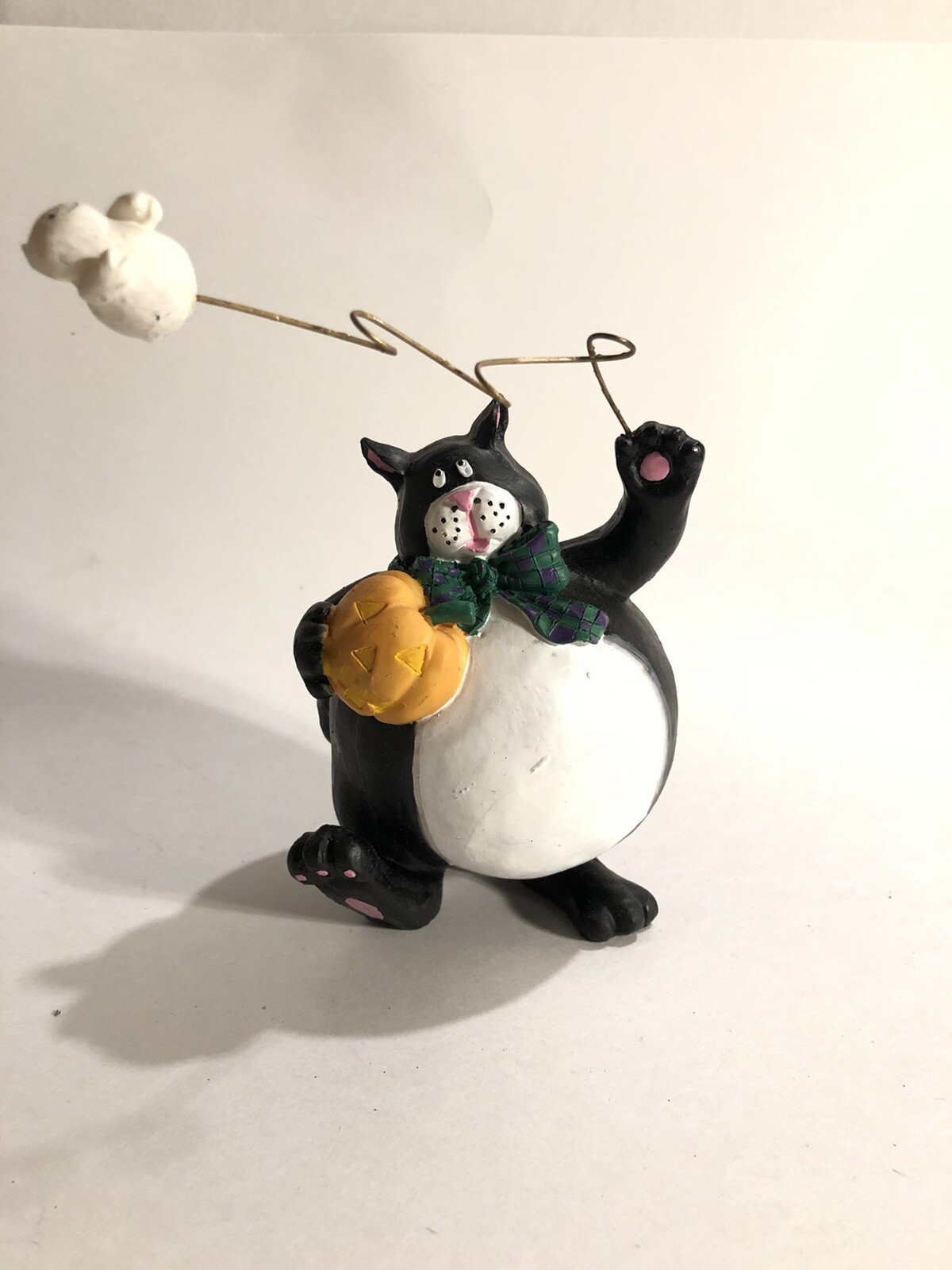Black Cat Figurine Roly Poly With Ghost On A Wire | eBay