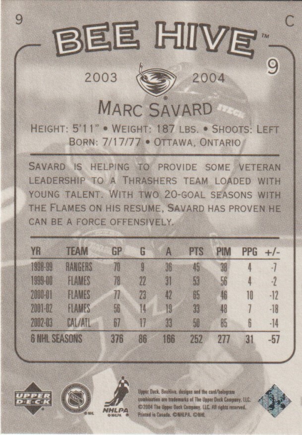 MARC SAVARD: 2003-04 UPPER DECK BEE HIVE PROMO CARD # 9 | eBay