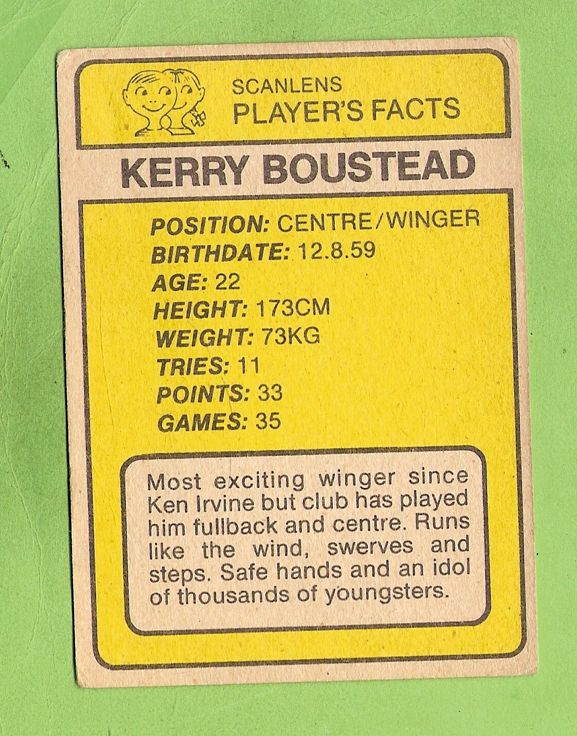 1981 EASTERN SUBURBS ROOSTERS SCANLENS RUGBY LEAGUE CARD #159 KERRY ...