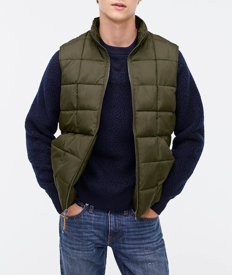 JCREW puffer vest insulated olive green PrimaLoft box quilted square ...