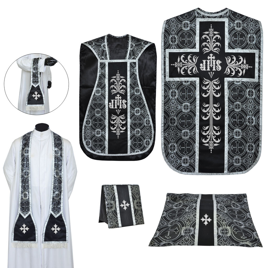 Metallic BLACK Silver Roman Chasuble Fiddleback Vestment 5pc set,IHS ...