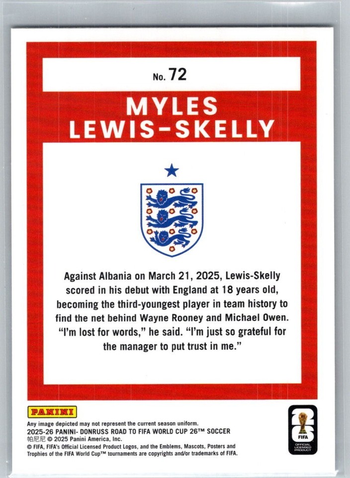 Panini Donruss Road to FIFA WC 26 Myles Lewis-Skelly #72 England | eBay
