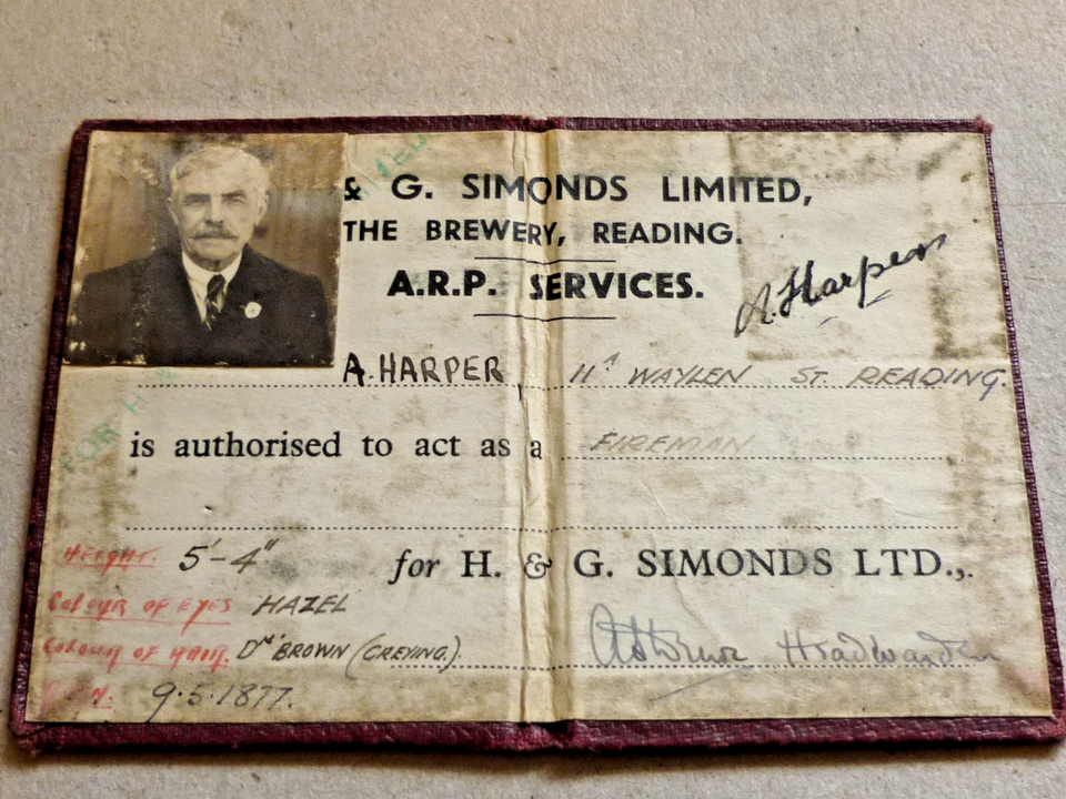RARE VINTAGE WORLD WAR TWO H & G SIMONDS BREWERY ARP ENAMEL BADGE & ID ...