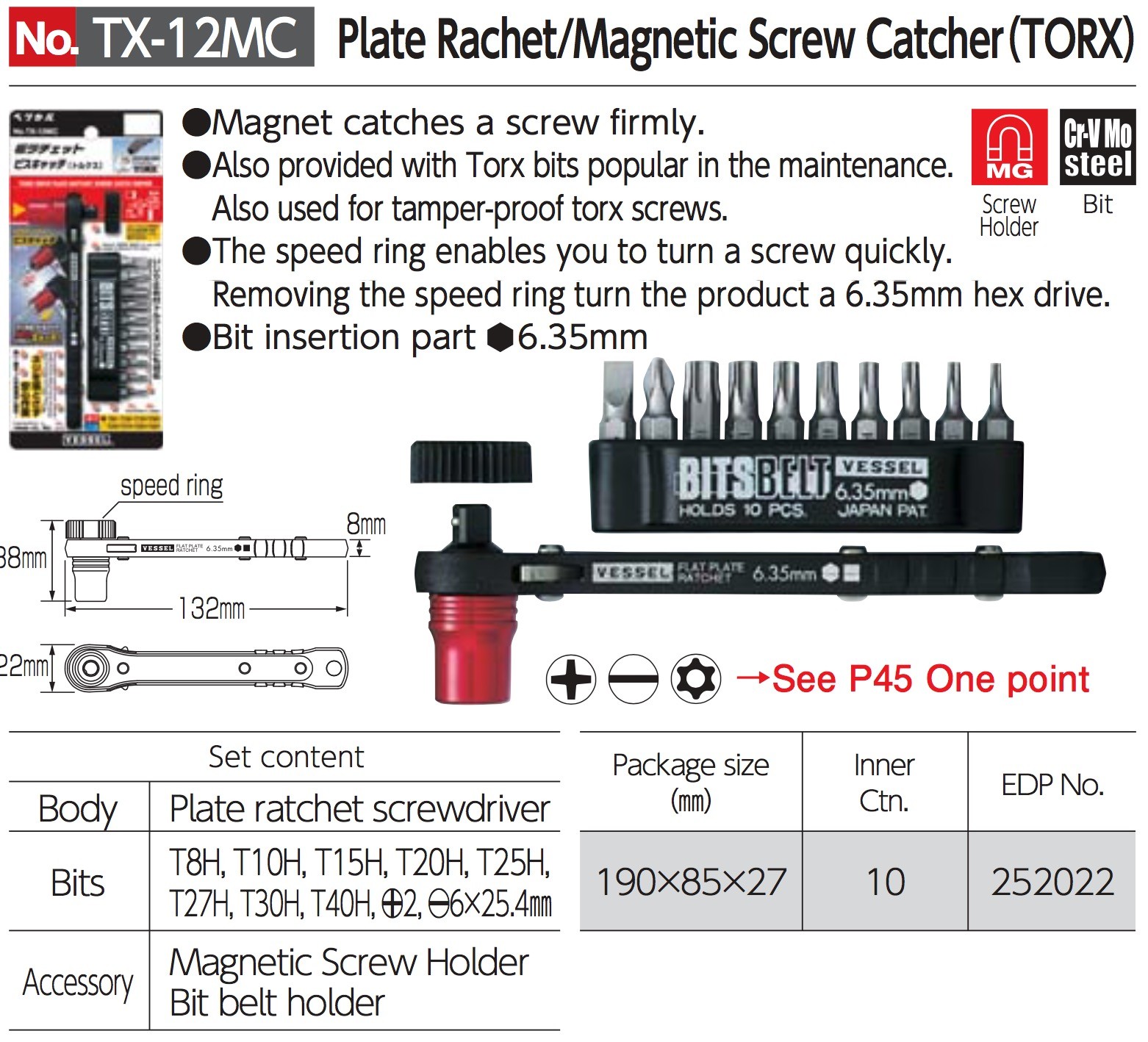 VESSEL Plate Ratchet Magnetic Screw Catcher Bits Set TORX TX-12MC made ...