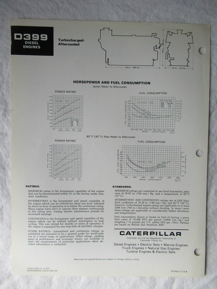 1967 CAT Caterpillar D399 Diesel Engine Specification Sheet Brochure | eBay