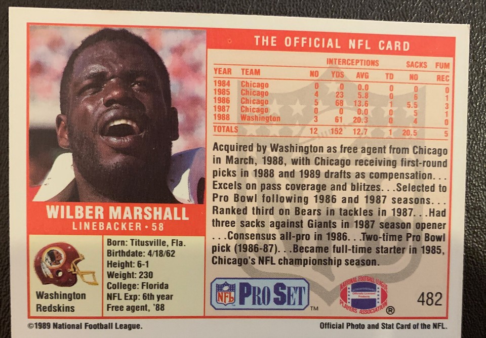 1989 Pro Set Football Wilber Marshall Washington Redskins #482 | eBay