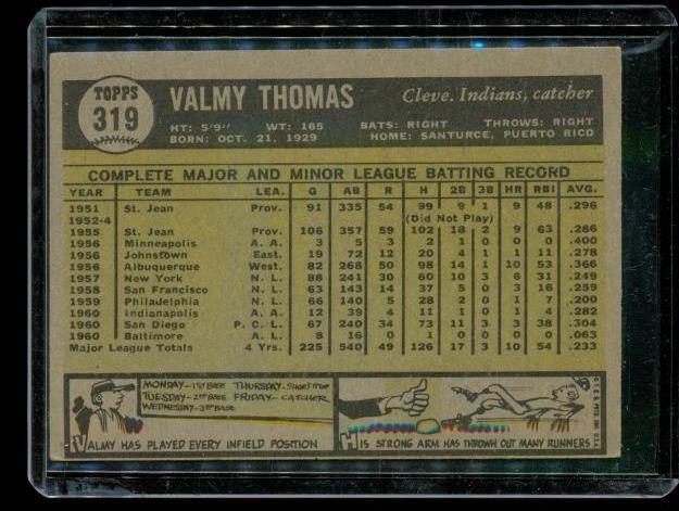 Vintage 1961 TOPPS Baseball Trading Card #319 VALMY THOMAS Cleveland ...