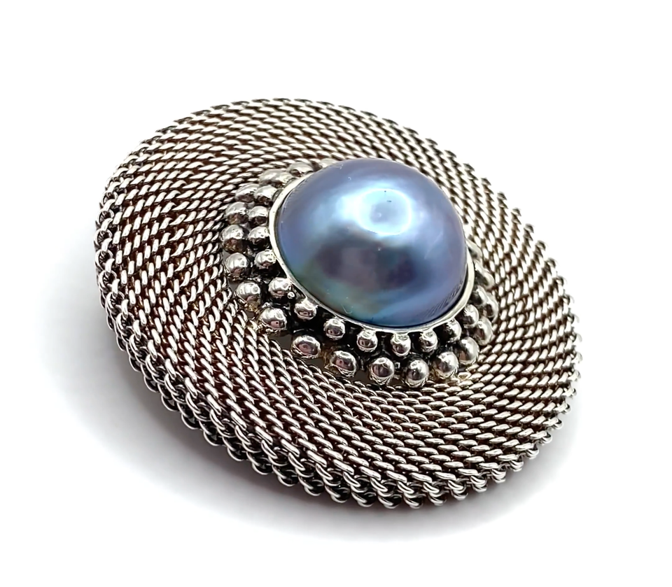 Sterling Silver / 925 Blue Pearl Mesh Round Pin Brooch 1.5 Inches ...