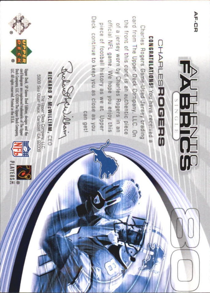 2004 SP Game Used Edition Authentic Fabric #AFCR Charles Rogers Jersey ...