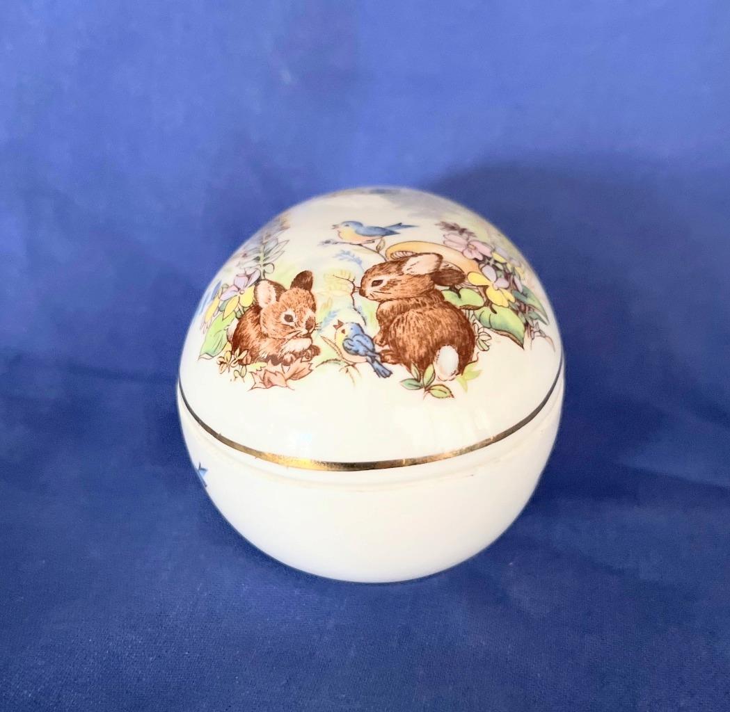 Vintage Trinket Box Easter Egg Shaped 1983 Design of Bunnies Birds ...