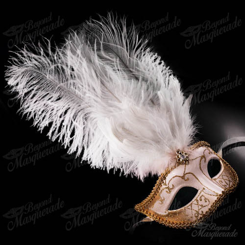 White/Gold Venetian Feather Mask with Ostrich Feather - Masquerade Mask ...