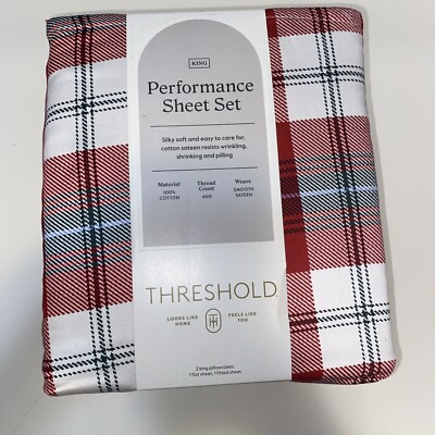 Threshold Performance King Size Sheet Set Winter Plaid New Red Green ...