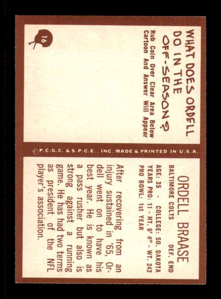 1967 Philadelphia #16 Ordell Braase EXMT/EXMT+ RC Rookie Colts 563600 ...