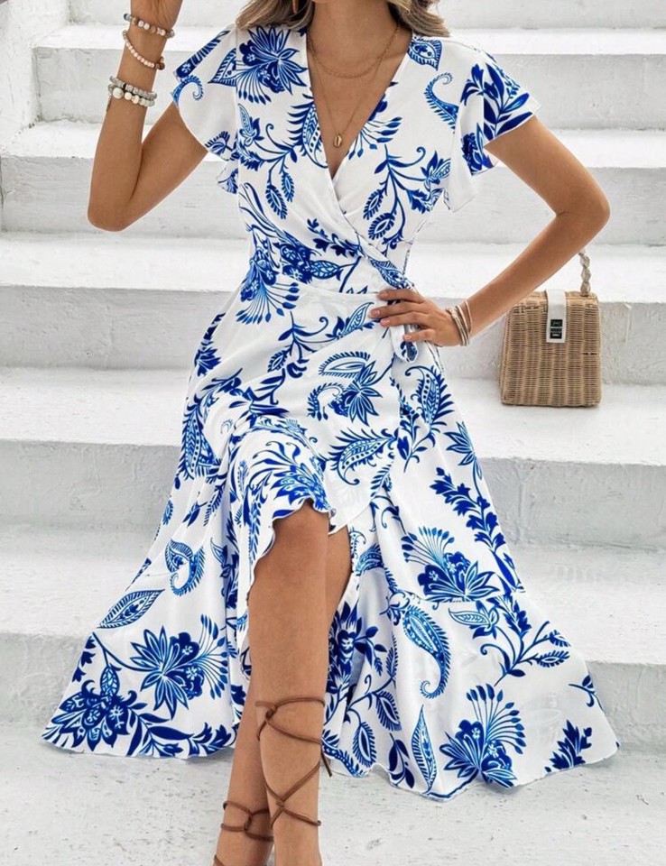 Shein White And Blue Wrap Midi Dress Size 14-16 | eBay UK