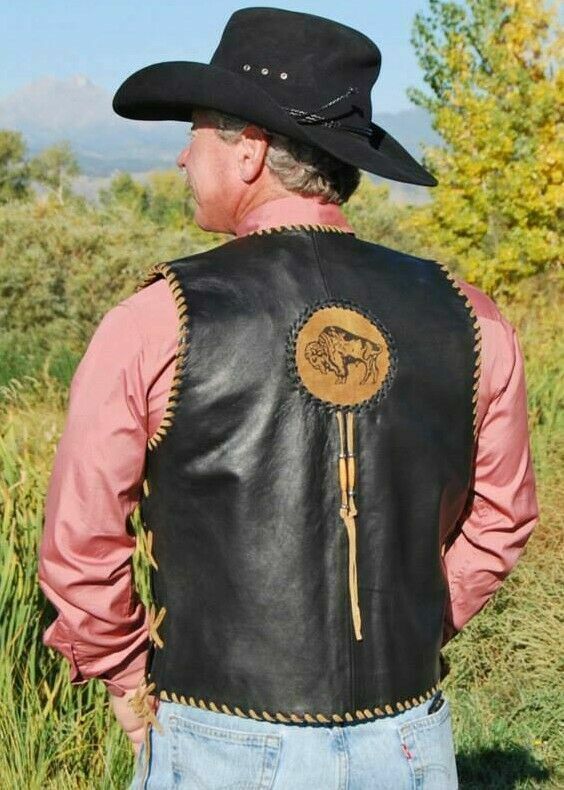Men Western Cowboy Native American Black Leather Vest Bison Bull trim ...
