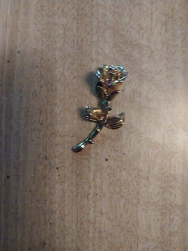 Vintage Long Stem Rose Brooch Gold Tone Pin Textured Rose Bud Leaf ...