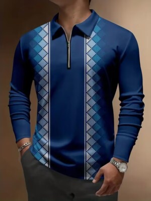 Polo T Shirts Men Blue Checkered Print Contrast Color Zip Collar Golf ...