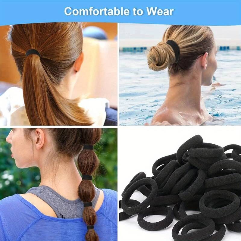 100x Strong Black Elastic Hair Bobbles Soft No-Snag Bands Women Girls ...