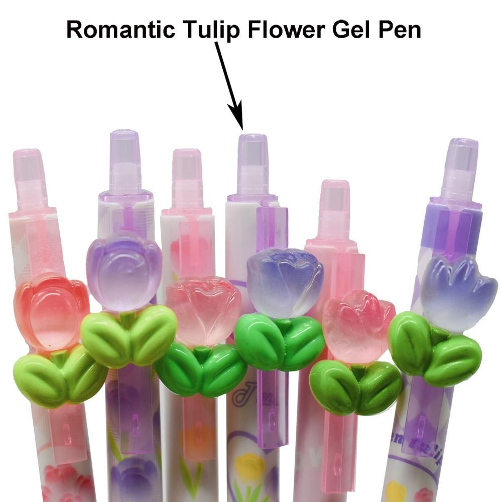 6Pcs Tulip Flower Gel Pens Retractable Office Supplies Ink Pointed Pen ...