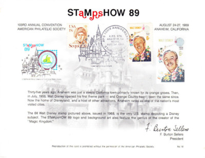 APS American Philatelic Society STAMPSHOW 89 Anaheim Disneyland Cancel ...