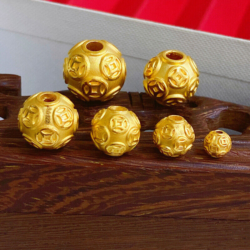 1pcs Real 999 24K Yellow Gold Men Women Lucky 3D Coin Ball Bead Pendant ...
