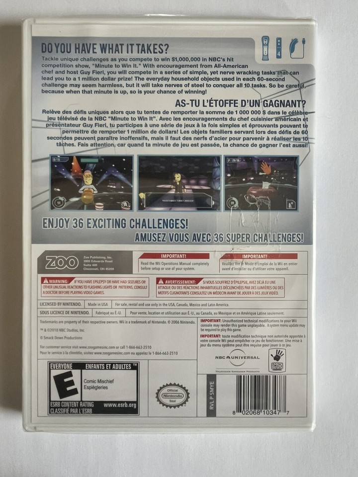 Minute to Win It Nintendo Wii Zoo Publishing SmackDown Productions NBC ...