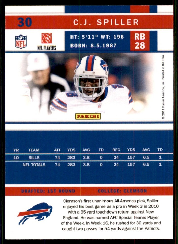 2011 Panini Score C.J. Spiller Buffalo Bills #30 NFL Football Card | eBay