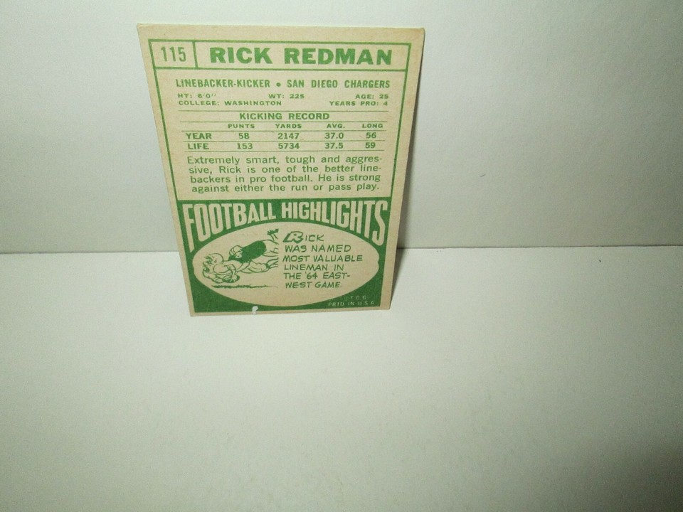 RICK REDMAN 1968 FOOTBALL CARD Topps #115 Vintage San Diego Chargers LB ...
