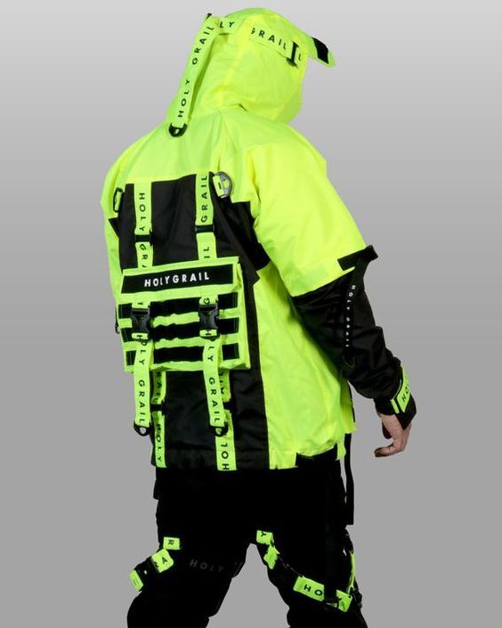 Men's Techwear Neon Green Jacket Hoodie Full Zip Buckle H G - A.N.R.X V ...