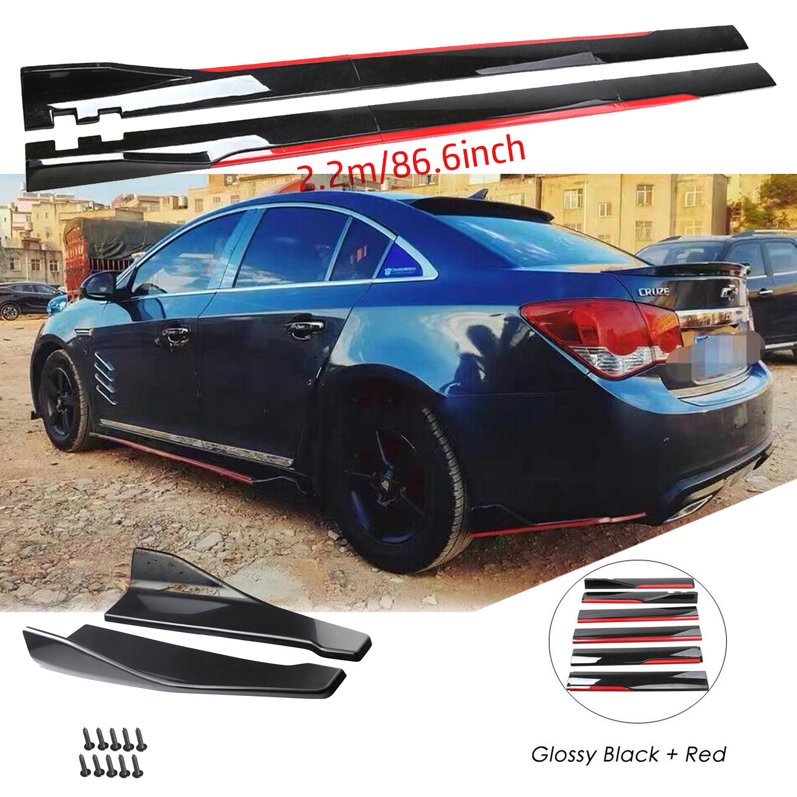 Gloss Black Red Side Skirt For Chevrolet Cruze Rear Bumper Chin Lip ...