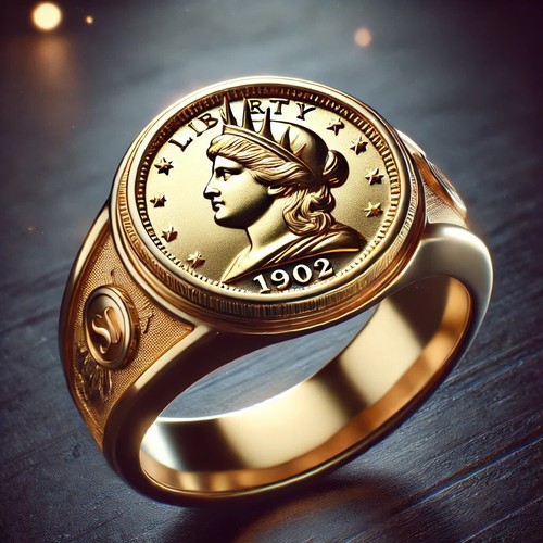 CUSTOM 14K GOLD SIGNET RING UNIQUE YELLOW GOLD 1902 $5 LIBERTY GOLD ...