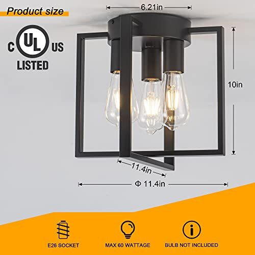 3-Light Flush Mount Ceiling Black Metal Frame Ceiling Light A2023-3X ...