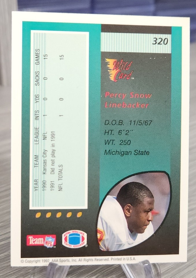 Percy Snow 1992 Wild Card 100 Stripe #320 Kansas City Chiefs | eBay