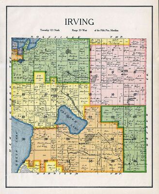 IRVING TOWNSHIP, KANDIYOHI COUNTY MINNESOTA, RARE 1905 COLOR LANDOWNERS ...