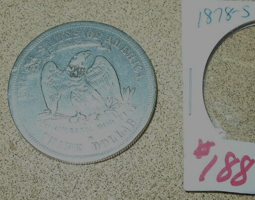 1878-S Trade Dollar w/Markings #188, 90% Silver, Die Break Error; Rare ...
