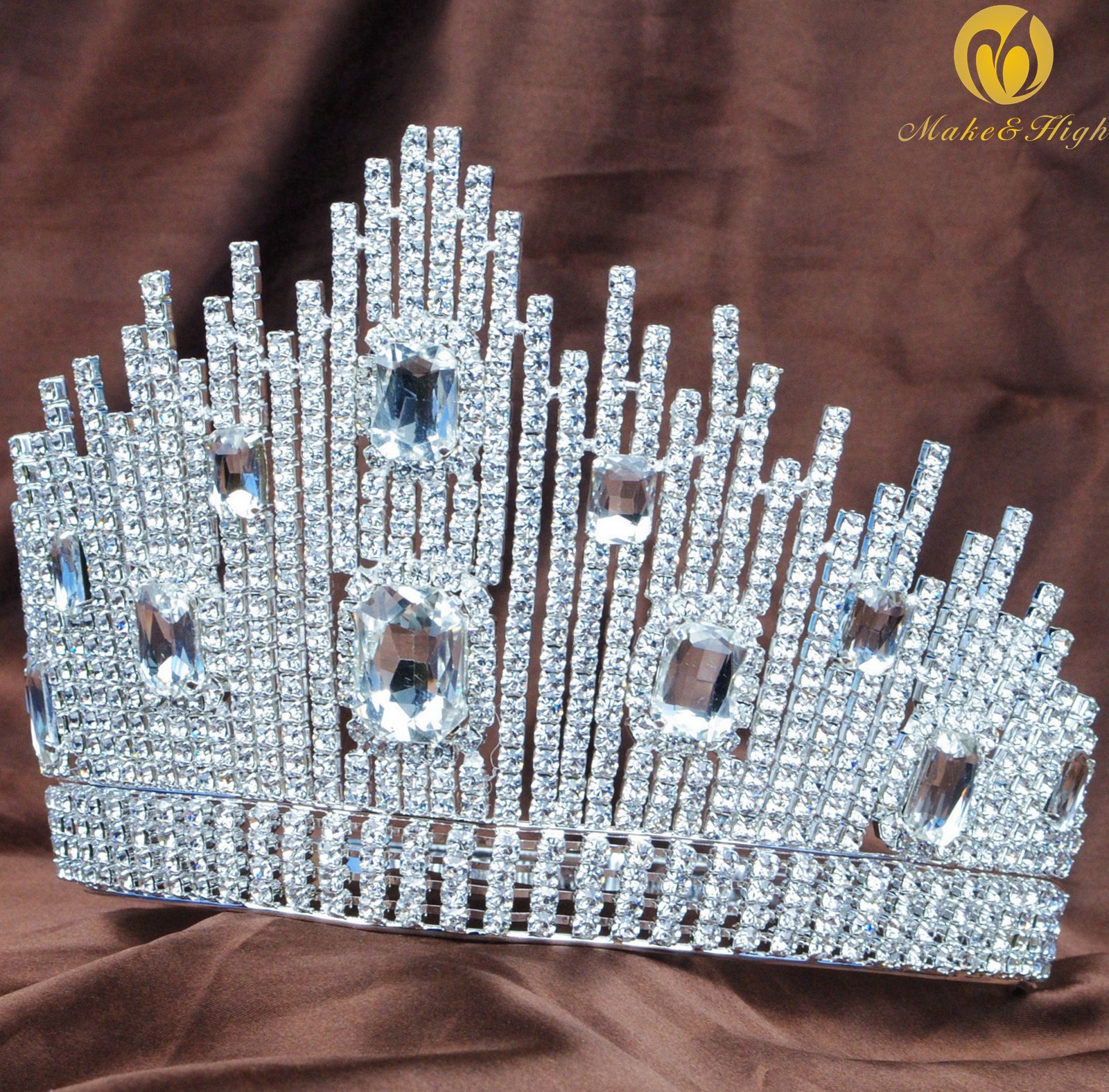 Miss Pageant Large Tiara Hair Crown Clear Crystal Bridal Headband Prom ...