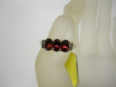 Natural Red Garnet & Diamond Sterling Silver Ring Size 7.5 Gemstone ...