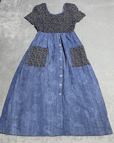 Vintage John Robert Dress Womens 8 Blue Floral Leaf Short Sleeve Heart ...