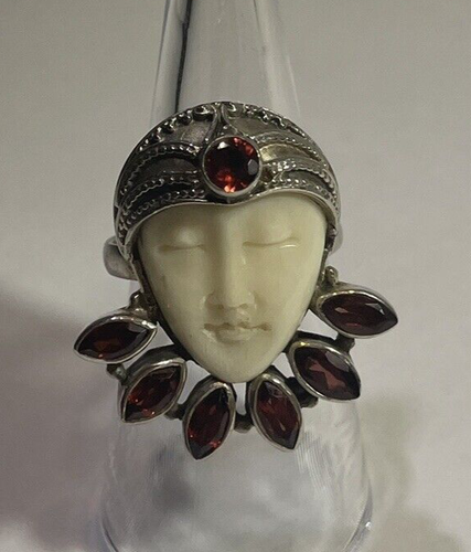 Sterling silver carved face and red garnet ring faux ivory orient ...