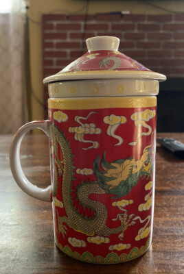 Chinese Porcelain Tea Cup Handled Infuser Strainer with Lid 10 oz Red ...