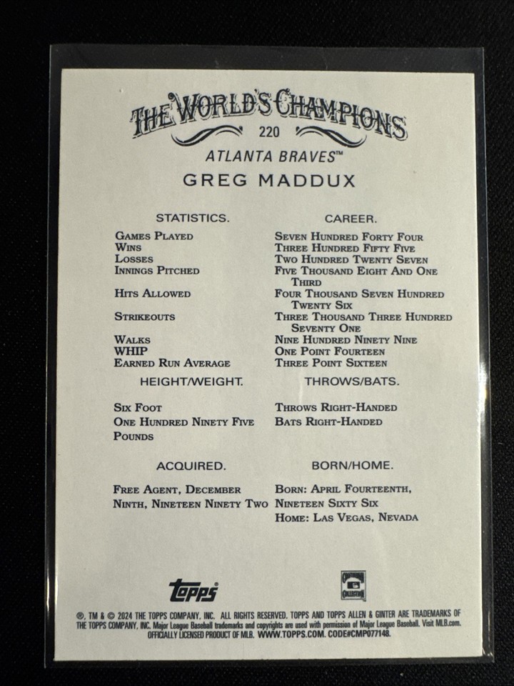 2024 Topps Allen & Ginter Hot Box Foil Greg Maddux #220 Atlanta Braves ...