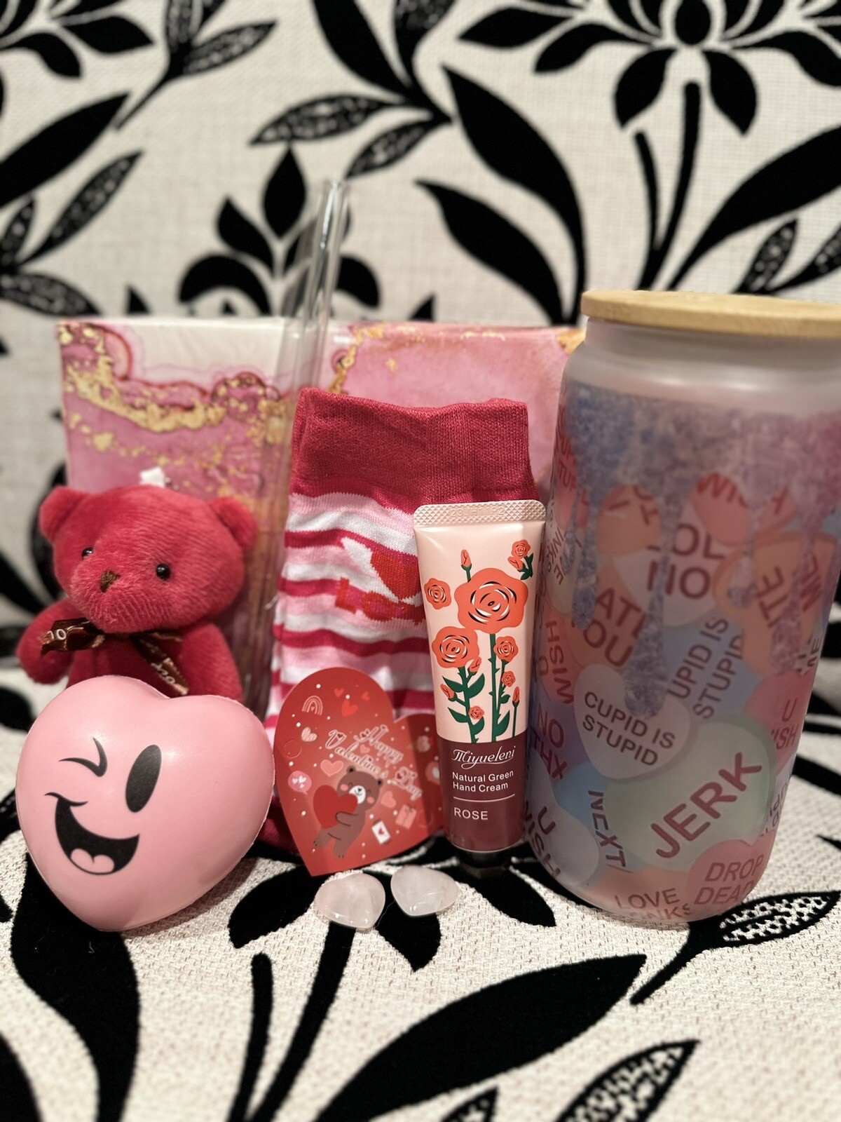 Valentine Gift Box Includes Glass Tumbler sock,teddy,lotion,stress ball ...