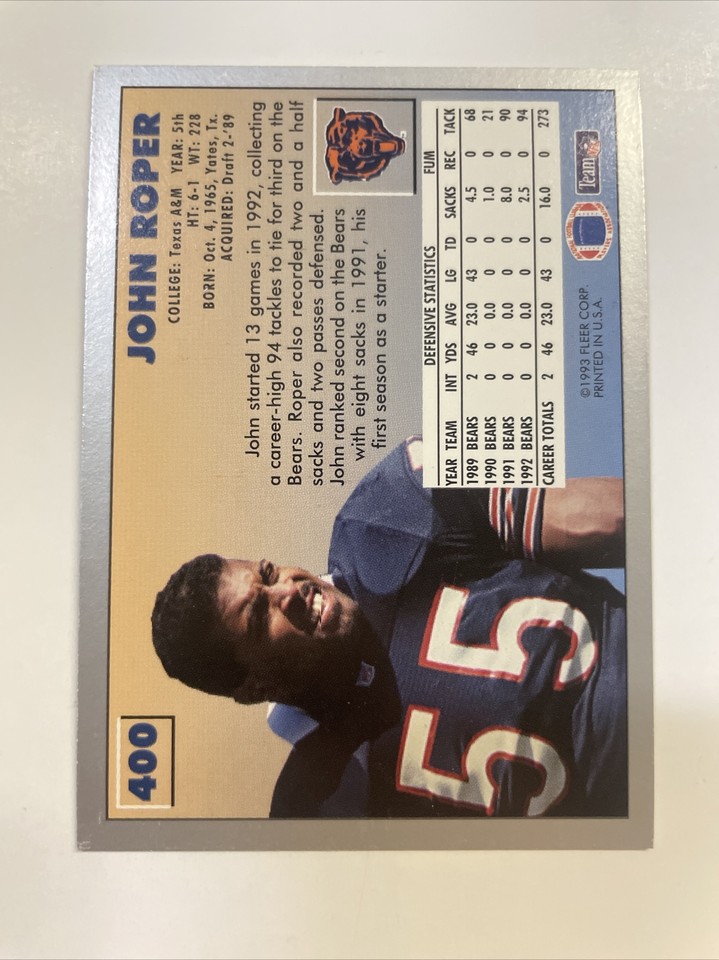 John Roper Autographed 1993 Fleer Card #400 Chicago Bears A-352 | eBay